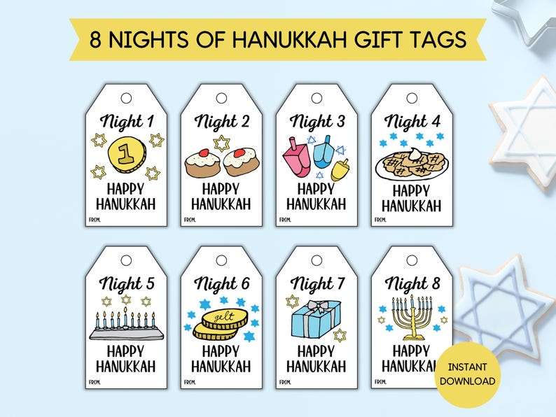 8 Nights of Hanukkah Gift Tags Printable, Hanukkah Printable, Happy ...
