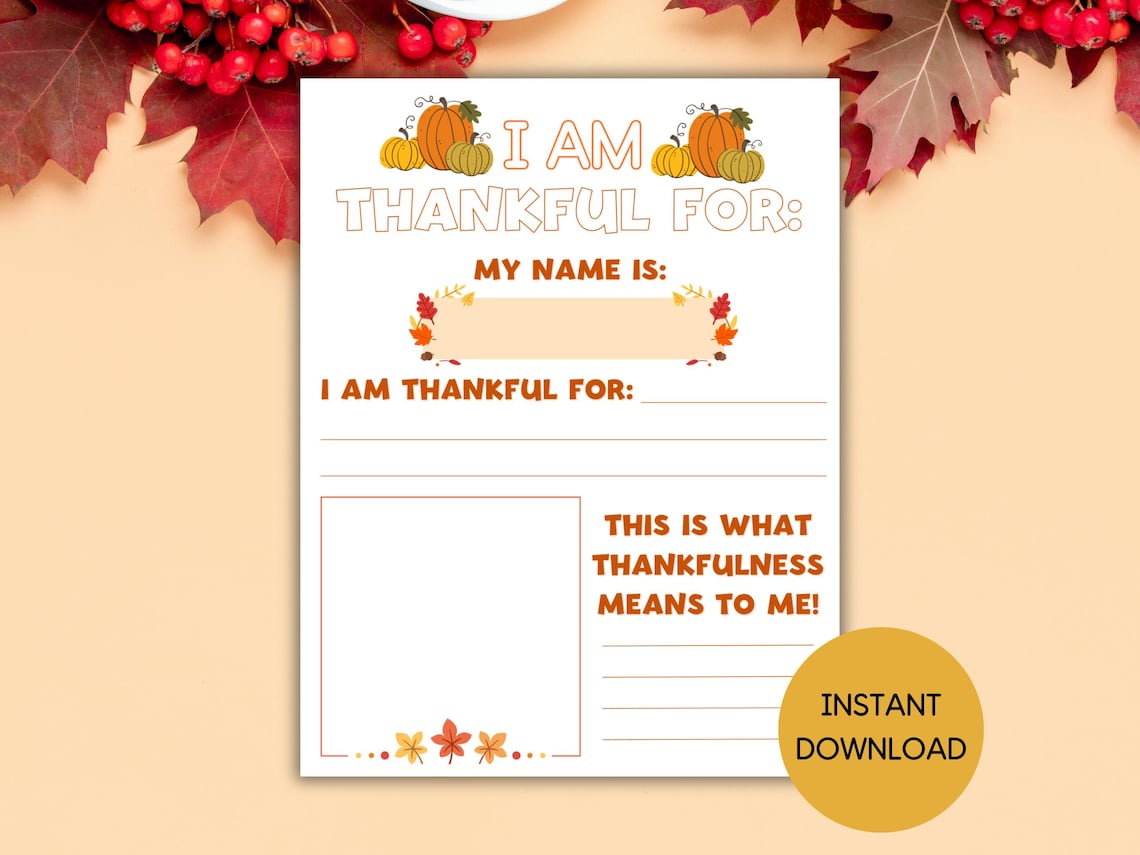 I Am Thankful for Printable, Fall Coloring Page, Thankful Activity ...