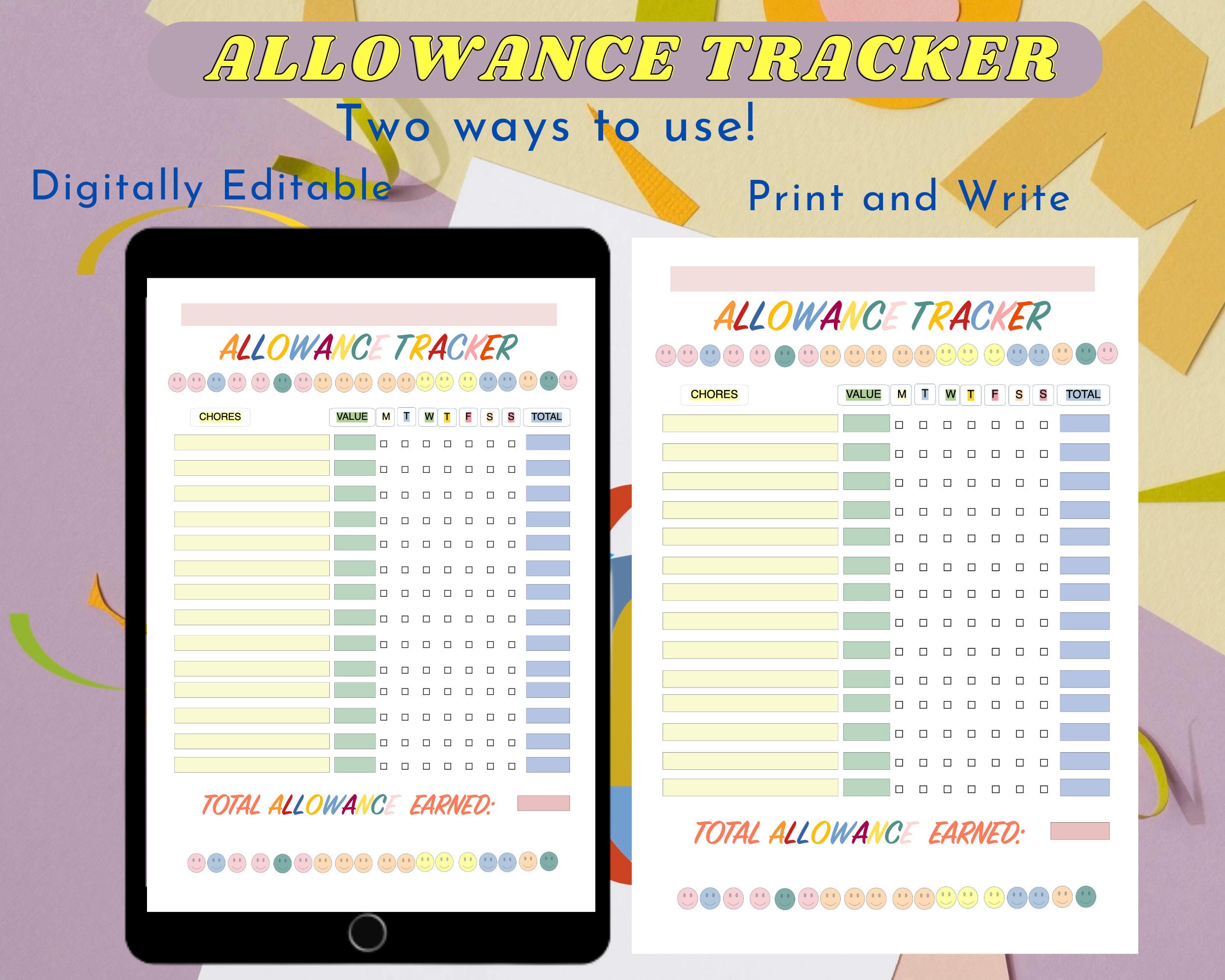 Editable Allowance Chart for Kids and Teens, Allowance Tracker ...