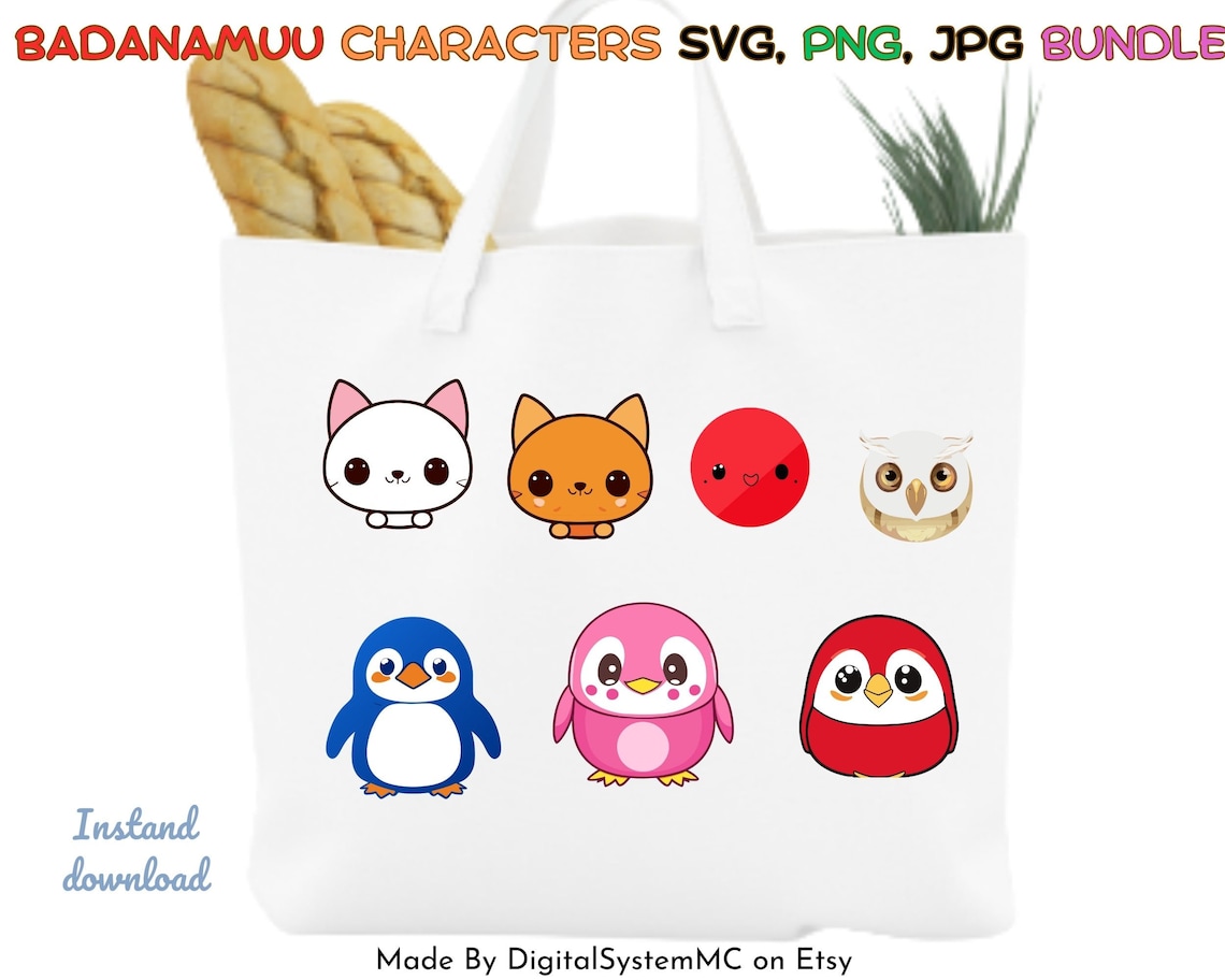 Cute Badanamu Pack, SVG, PNG, Cute Characters Pack, Pinguin, Cat, Owl ...