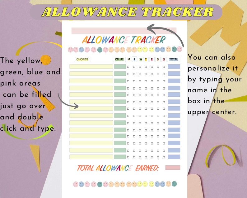 Editable Allowance Chart for Kids and Teens, Allowance Tracker ...