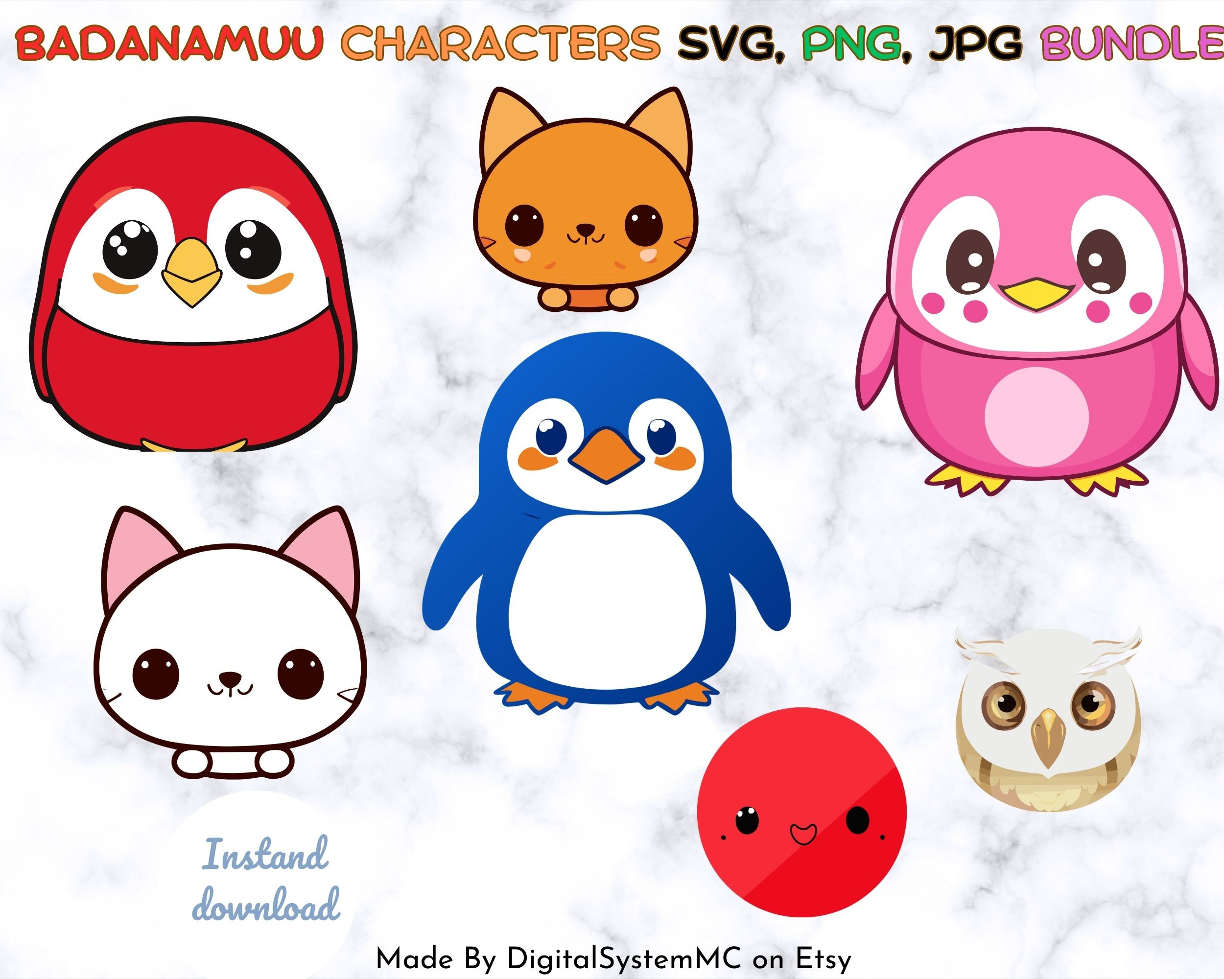 Cute Badanamu Pack, SVG, PNG, Cute Characters Pack, Pinguin, Cat, Owl ...