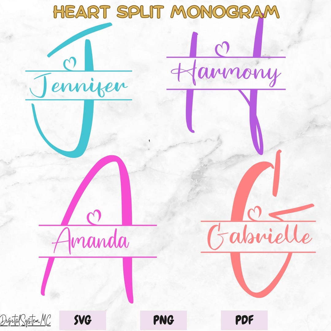 Heart Split Monogram SVG, Script Split Monogram PNG, Handwriting ...