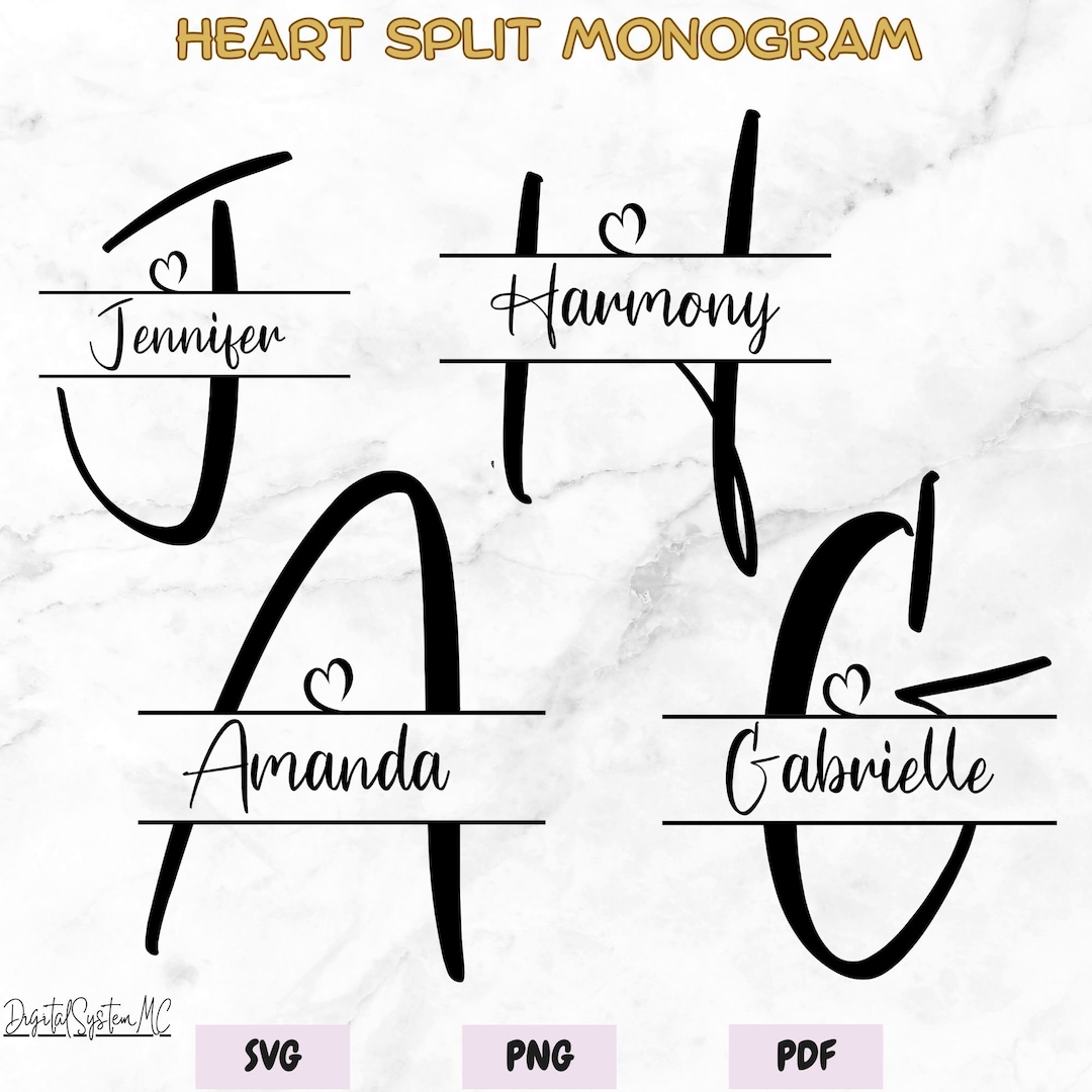 Heart Split Monogram SVG, Script Split Monogram PNG, Handwriting ...