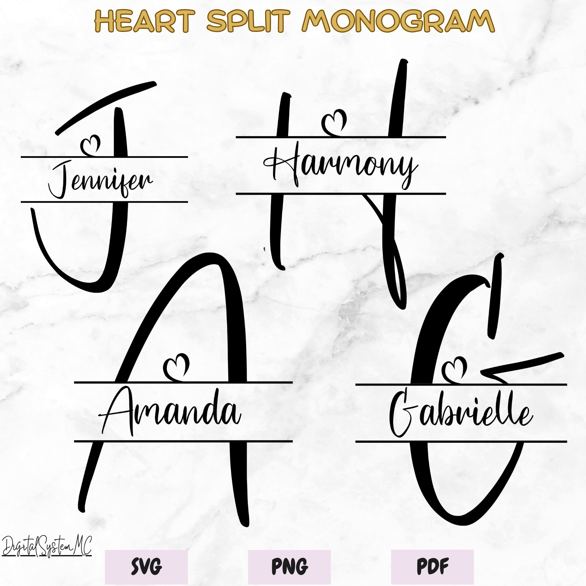 Heart Split Monogram SVG, Script Split Monogram PNG, Handwriting ...