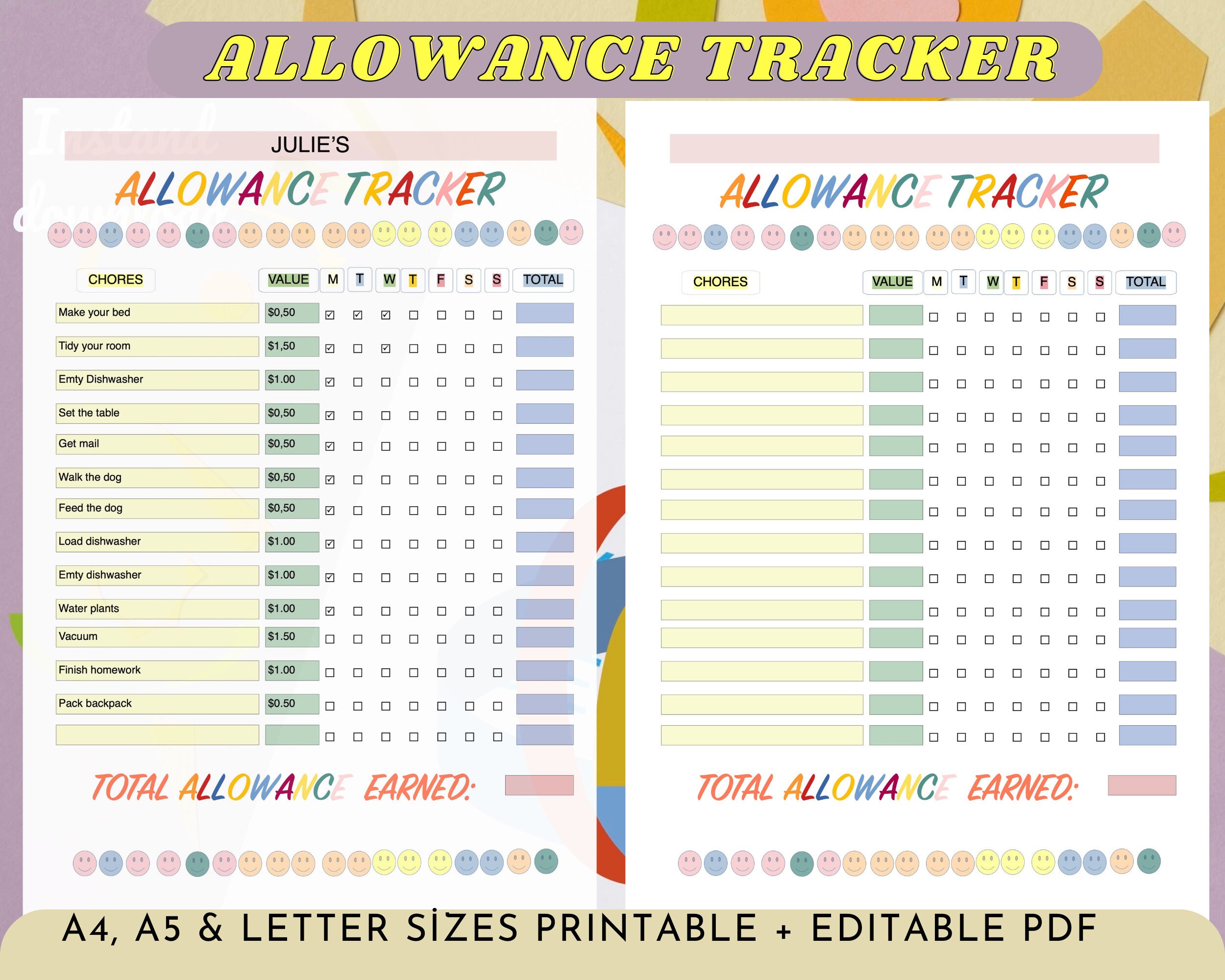 Editable Allowance Chart for Kids and Teens, Allowance Tracker ...