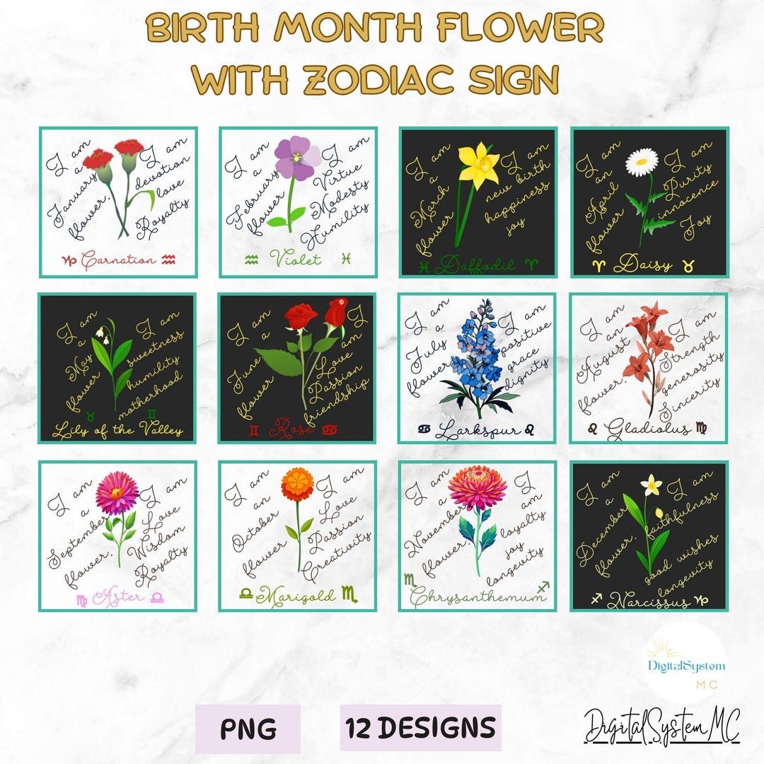Zodiac Signs With Birth Month Flowers Meanings SVG Bundle, Birth Month ...
