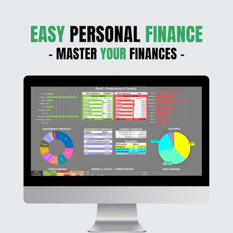 Easy Personal Finance Spreadsheet Tracker, Spending, Excel, Investment ...
