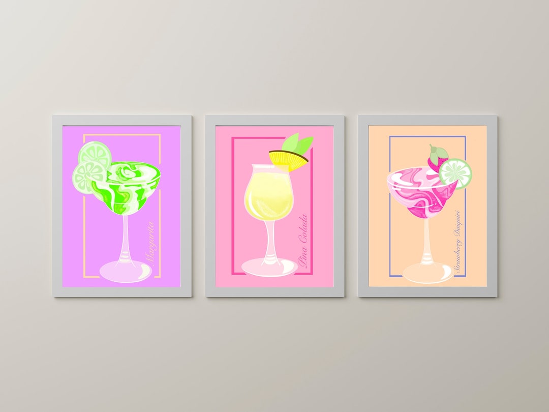 Bar Cart Cocktail Prints Set, Gallery Set of 3 Bundle, Cocktail Posters ...