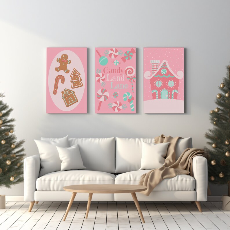 Pink Christmas Wall Art, Gallery Set of 3 Christmas Prints, Digital ...