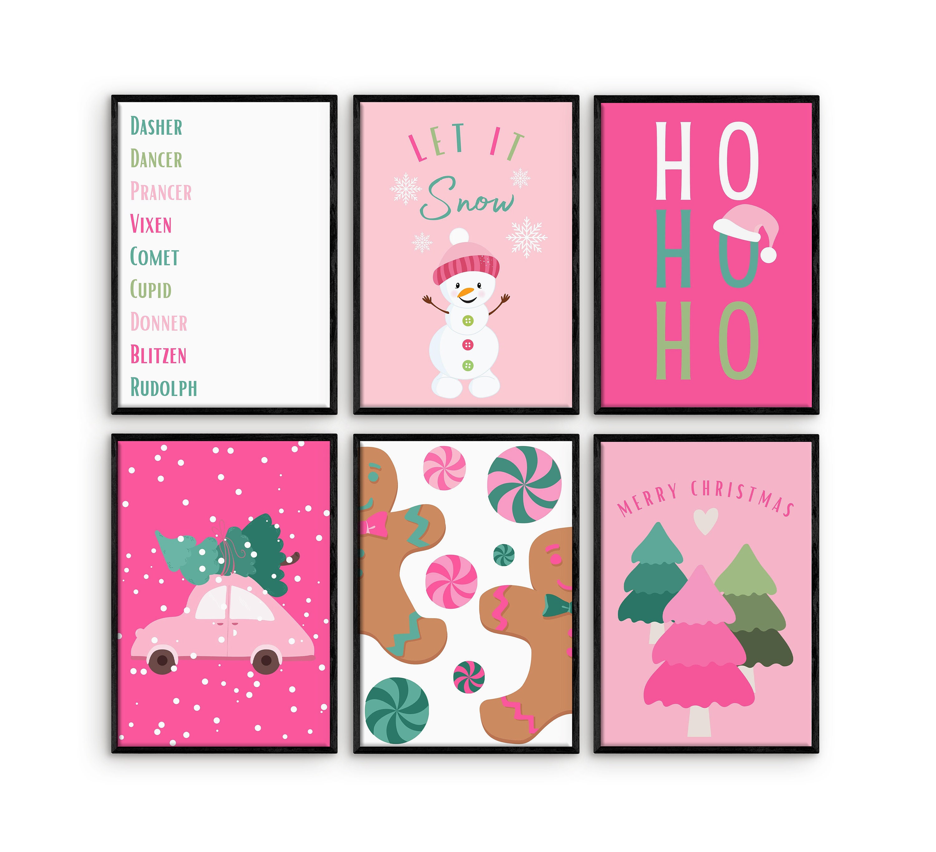 Gallery Set of 6 Christmas Printables, Pink Holiday Wall Art, Snowman ...