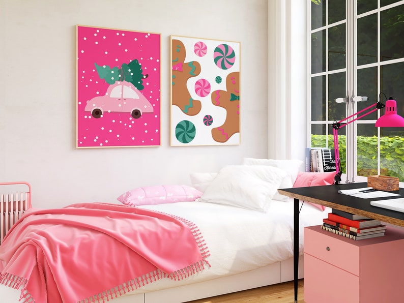 Gallery Set of 6 Christmas Printables, Pink Holiday Wall Art, Snowman ...