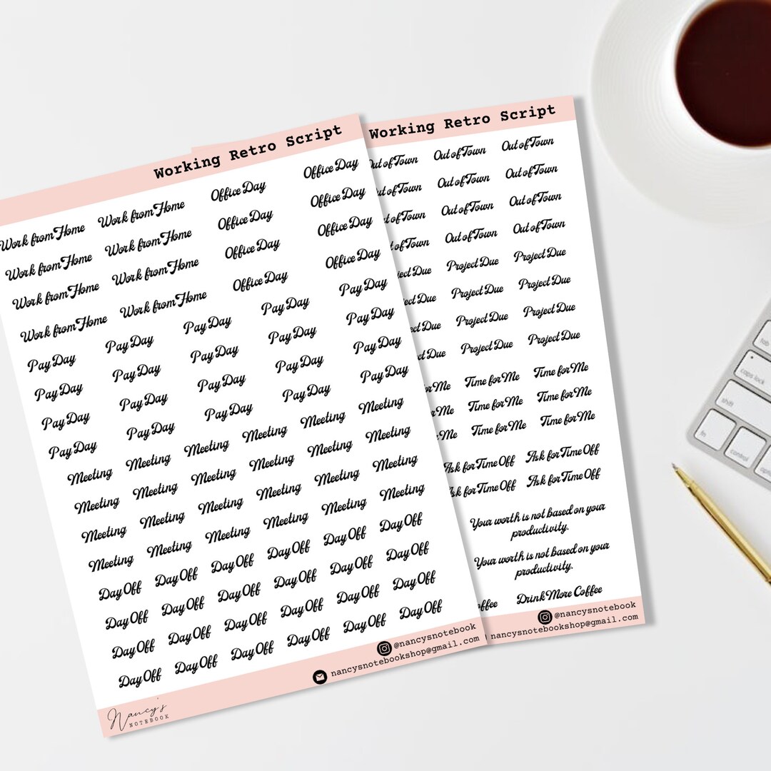 Retro Script Work Related Phrases | Planner Stickers | Bullet Journal ...