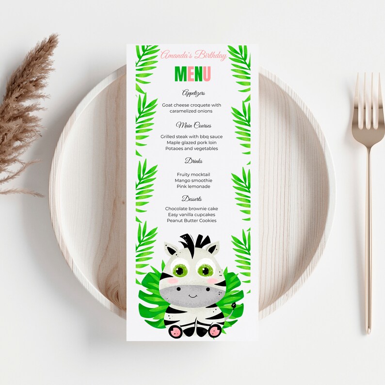 Editable Zebra Safari Menu Template, Printable Jungle Food Menu, Wild ...