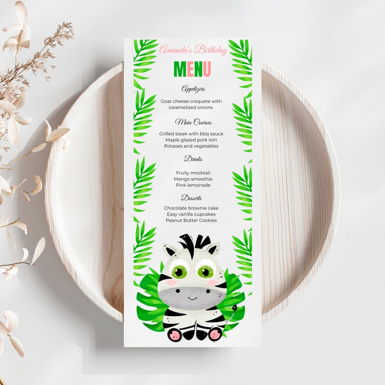 Editable Zebra Safari Menu Template, Printable Jungle Food Menu, Wild ...