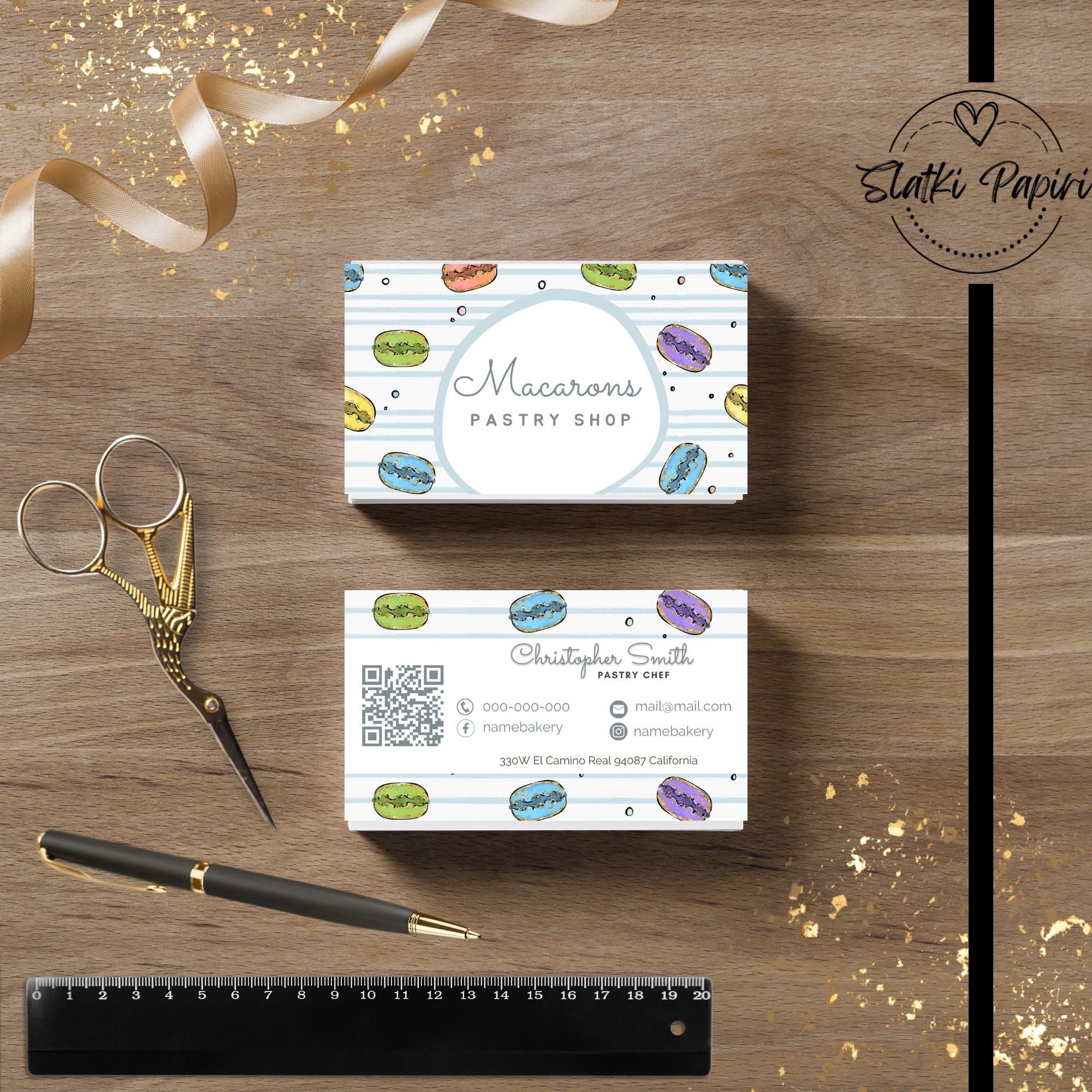 EDITABLE Macarons Card Template, Bakery Shop Card, Contact Info, Bakery ...