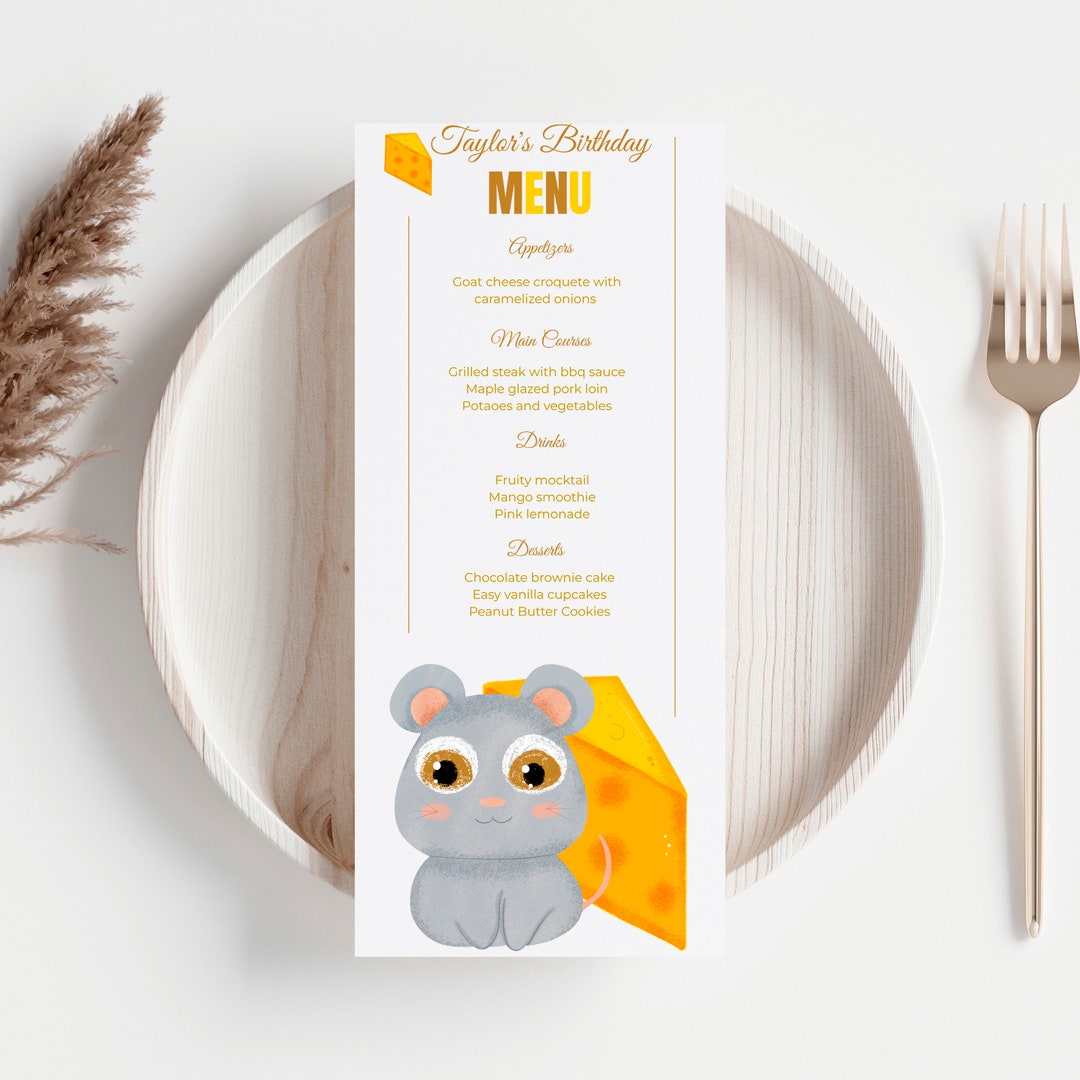 Editable Mouse Menu Template, Printable Cheese Food Menu, Cute Animals ...