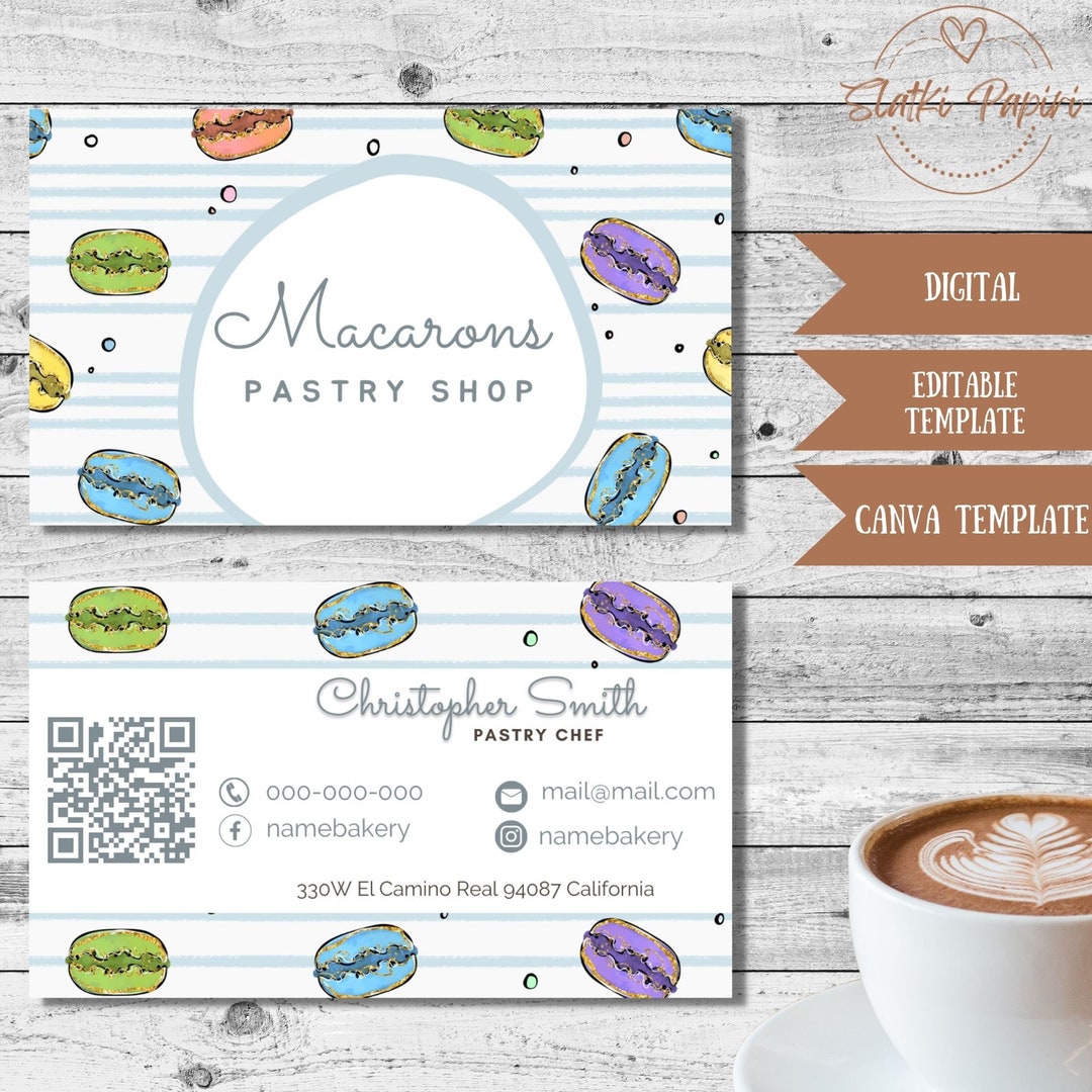 EDITABLE Macarons Card Template, Bakery Shop Card, Contact Info, Bakery ...
