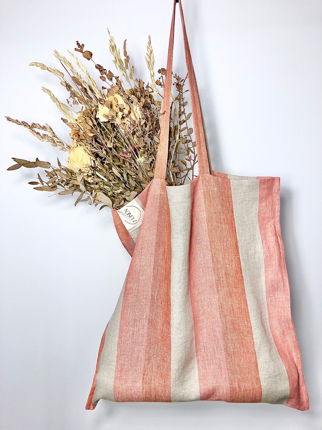 Striped Natural Linen Tote Bag. Pure Linen Shopping Bag. Eco Market Bag ...