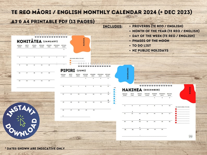Te Reo Māori / English Monthly Calendar 2024 colours - Etsy