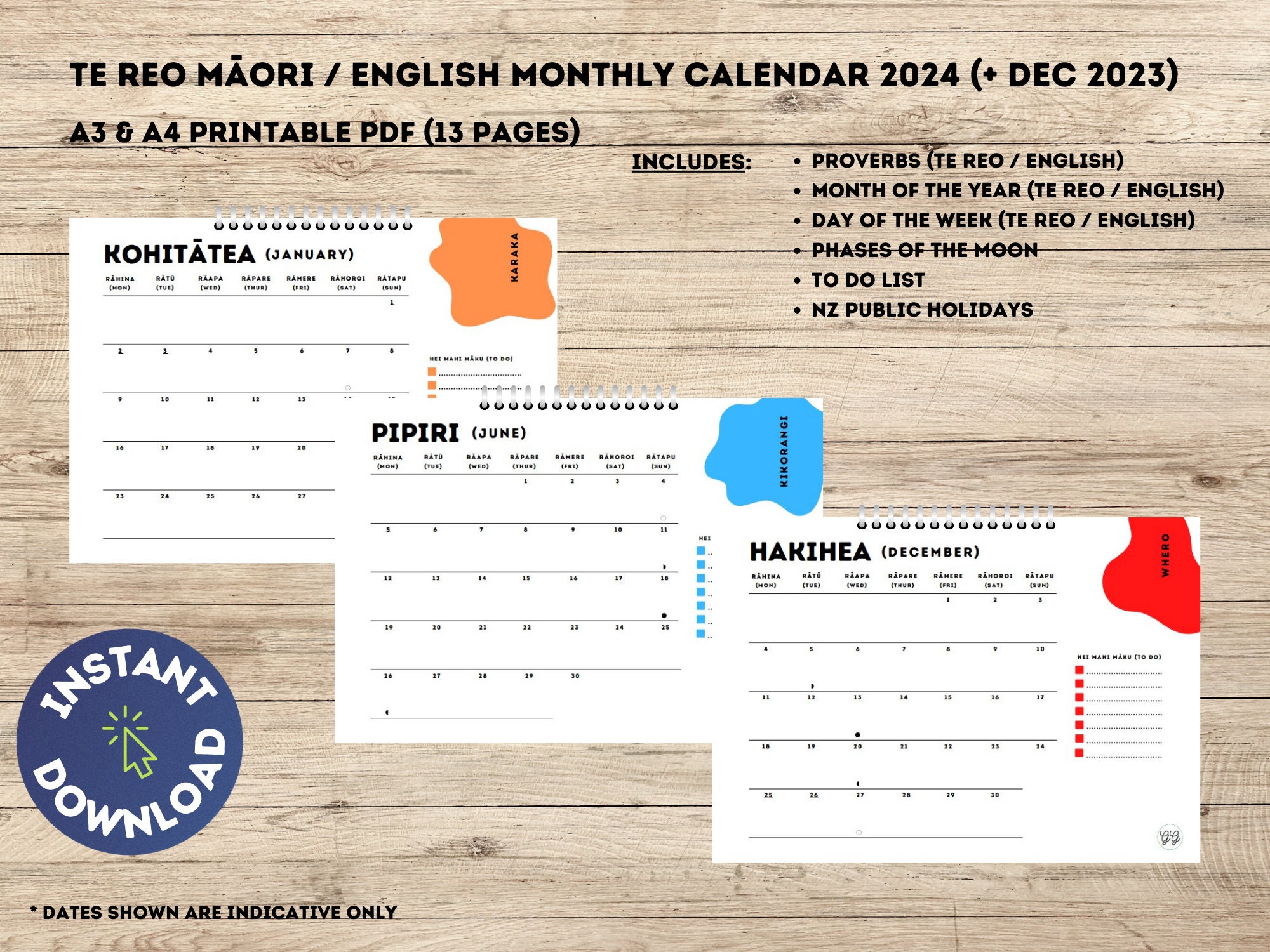 Te Reo Māori / English Monthly Calendar 2024 colours - Etsy