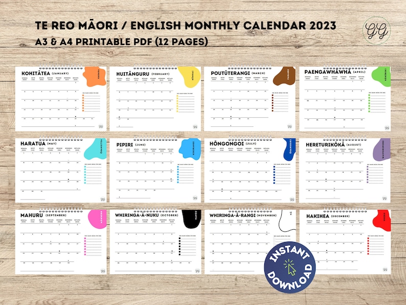 Te Reo Māori / English Monthly Calendar 2023 colours - Etsy New Zealand