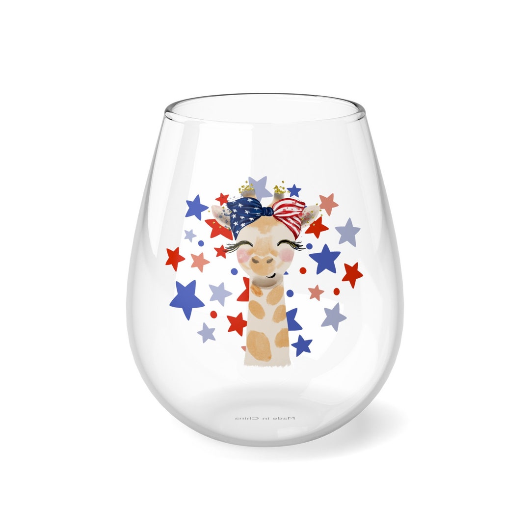 Giraffe Wine Glass Red White and Blue Stars Independence Day Stemless ...