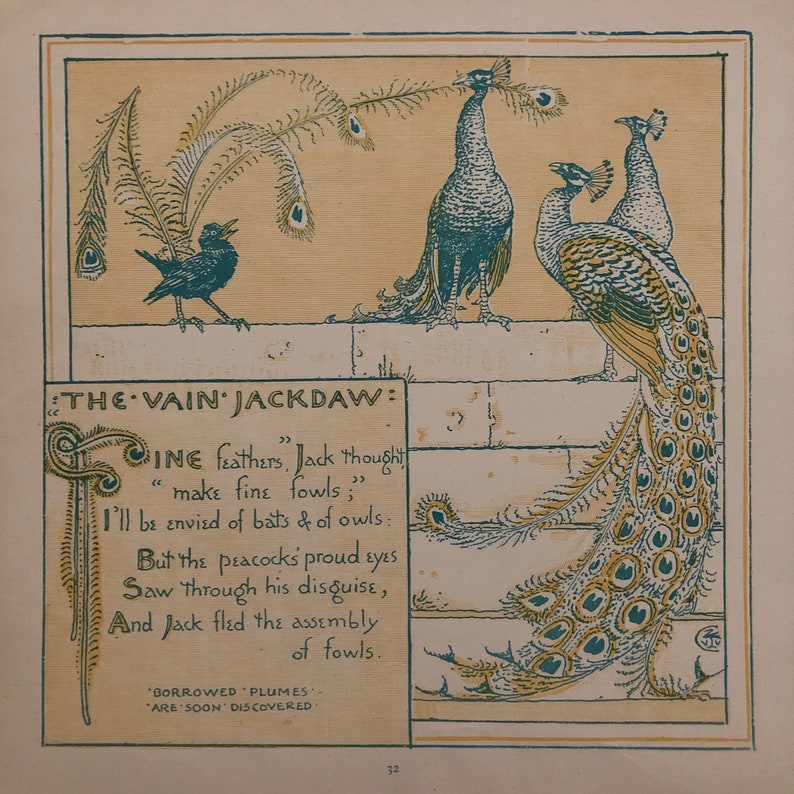 Antique Aesop's Fable by Walter Crane, the Vain Jackdaw, Victorian Art ...