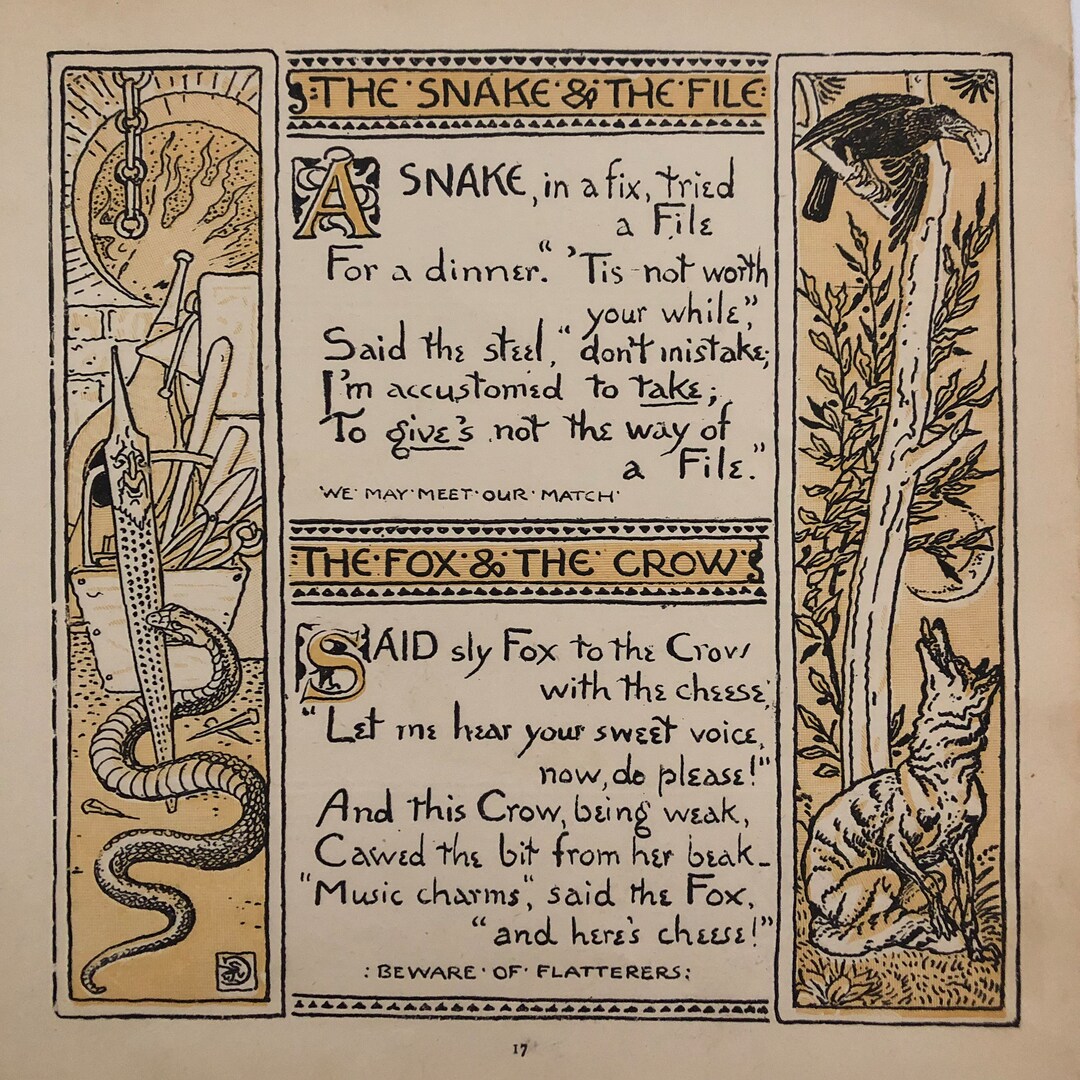Antique Aesops Fables Lithograph by Walter Crane, Dual Fable the Snake ...