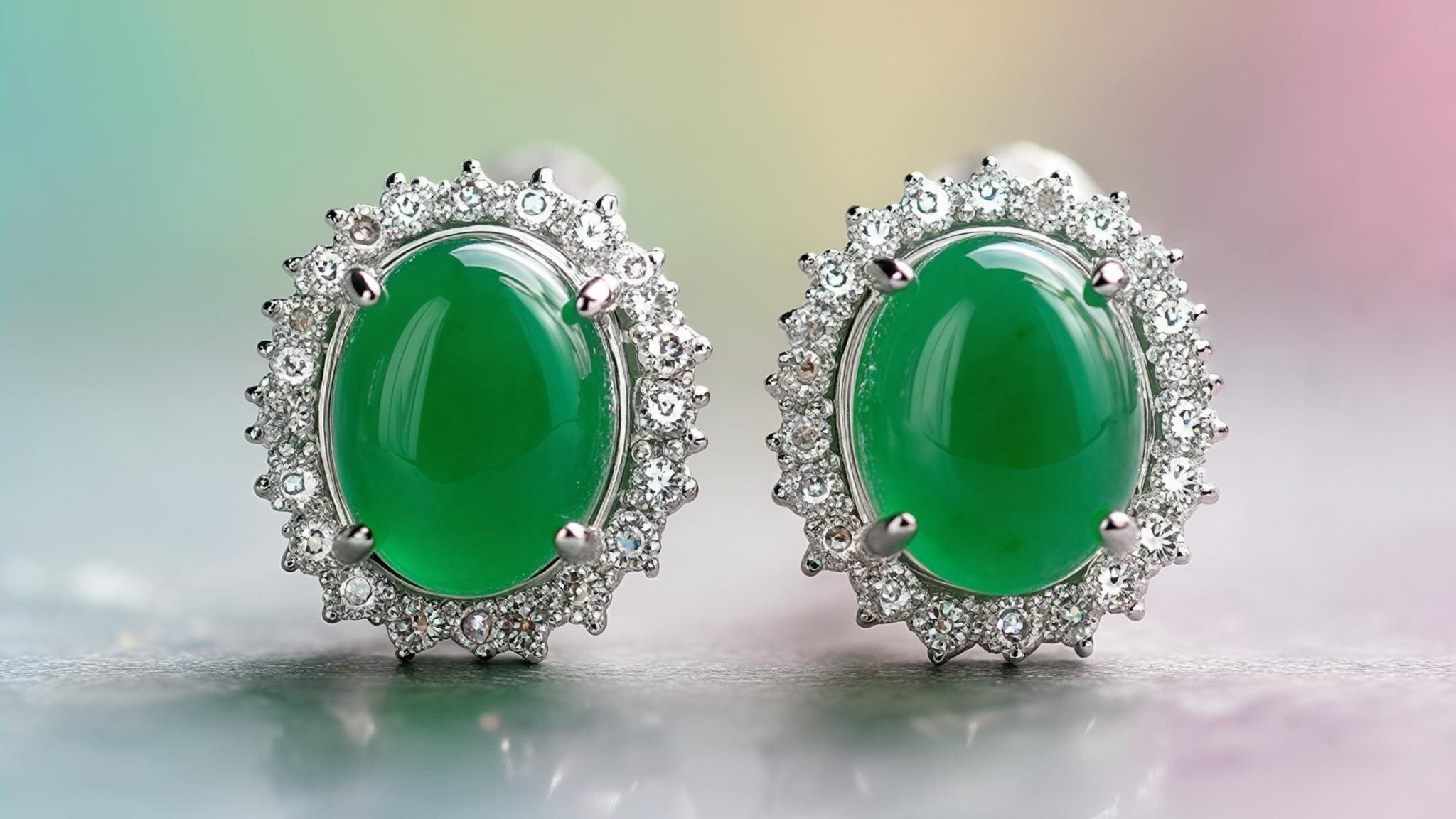 Real Jadeite Green Oval Jade Earrings With Crystal Surroundings - Etsy