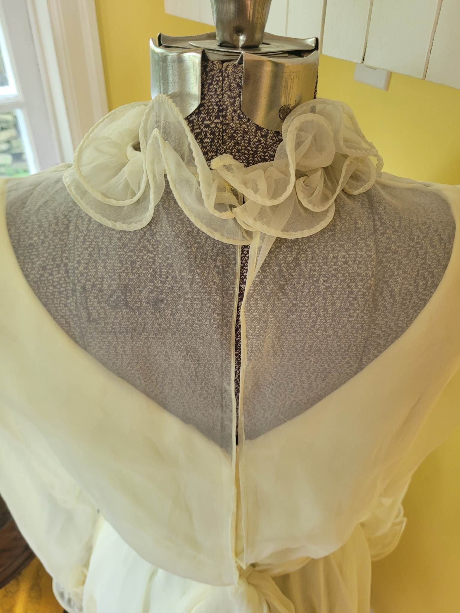 1970's Miss Elliette Light Yellow Dress With Sheer Ruffles on Neckline ...