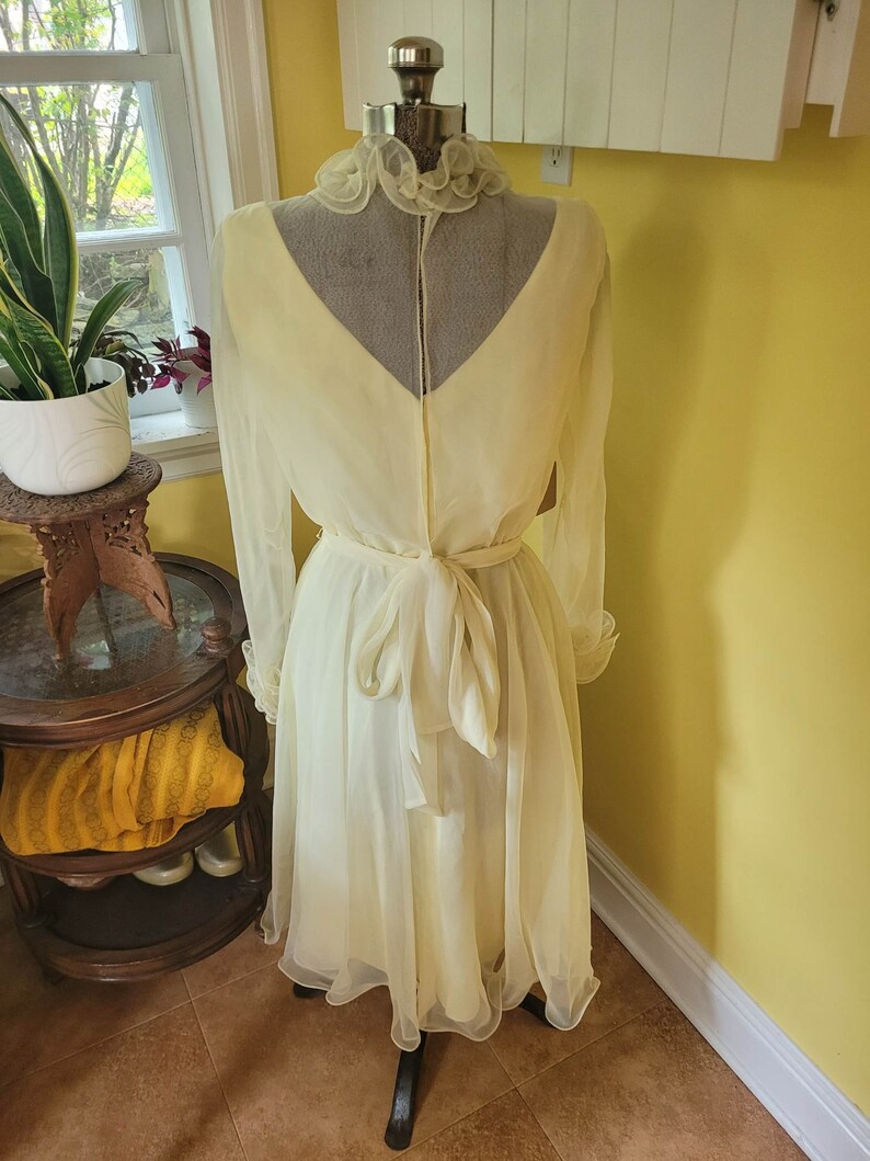 1970's Miss Elliette Light Yellow Dress With Sheer Ruffles on Neckline ...