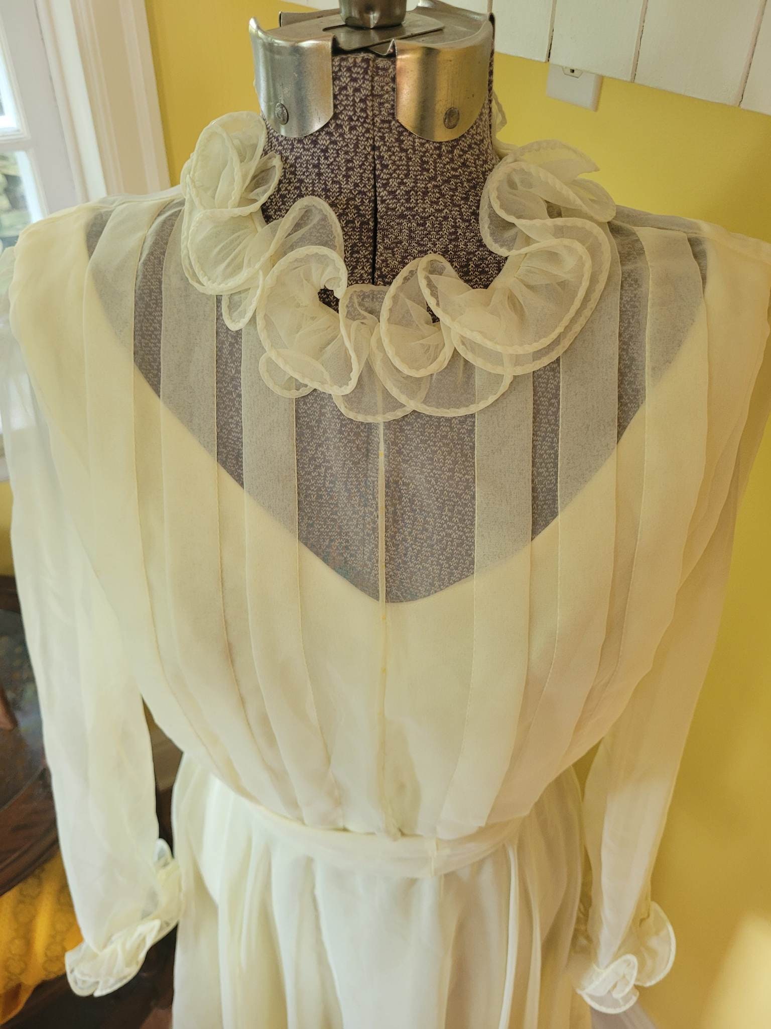 1970's Miss Elliette Light Yellow Dress With Sheer Ruffles on Neckline ...