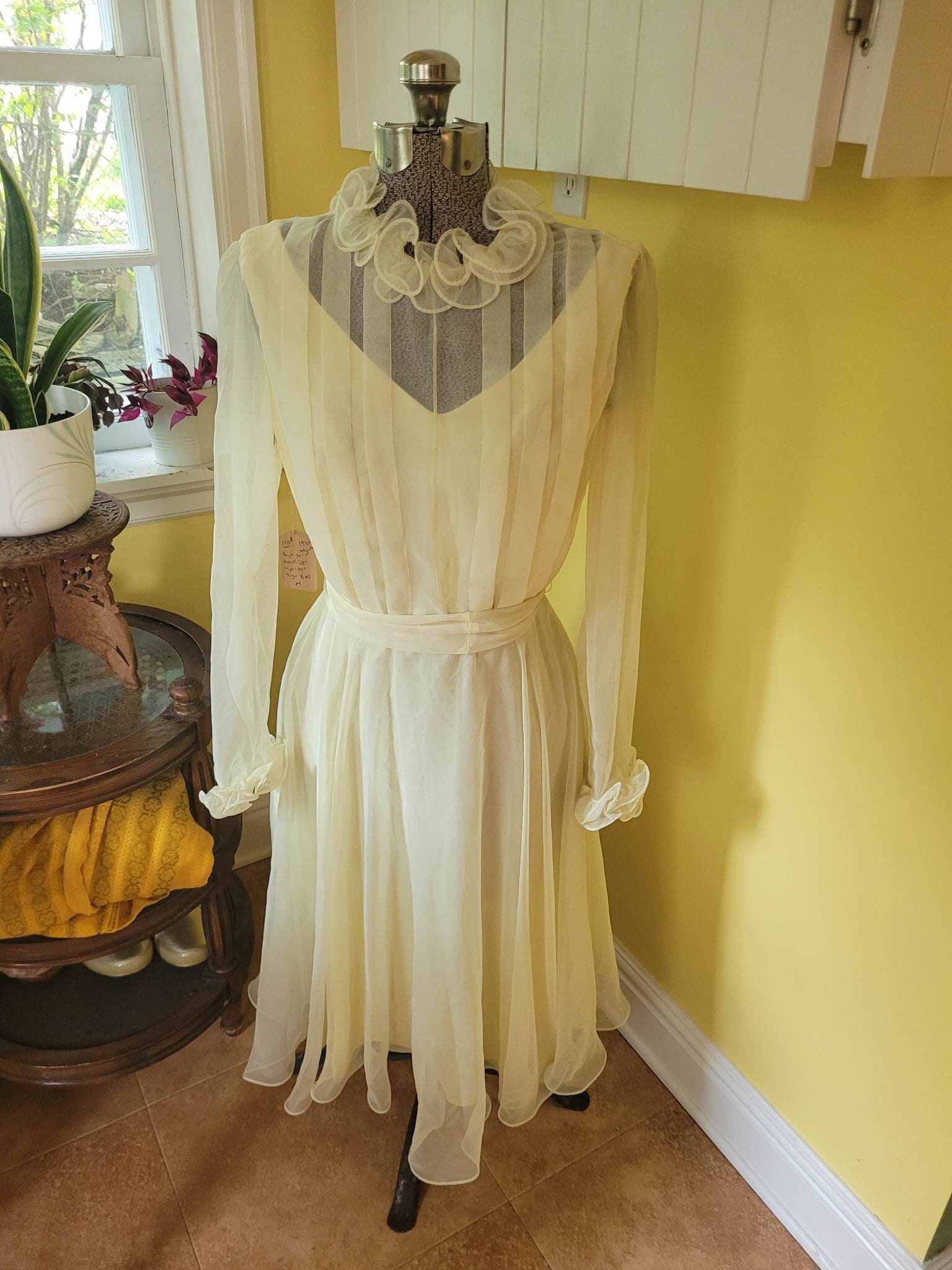 1970's Miss Elliette Light Yellow Dress With Sheer Ruffles on Neckline ...