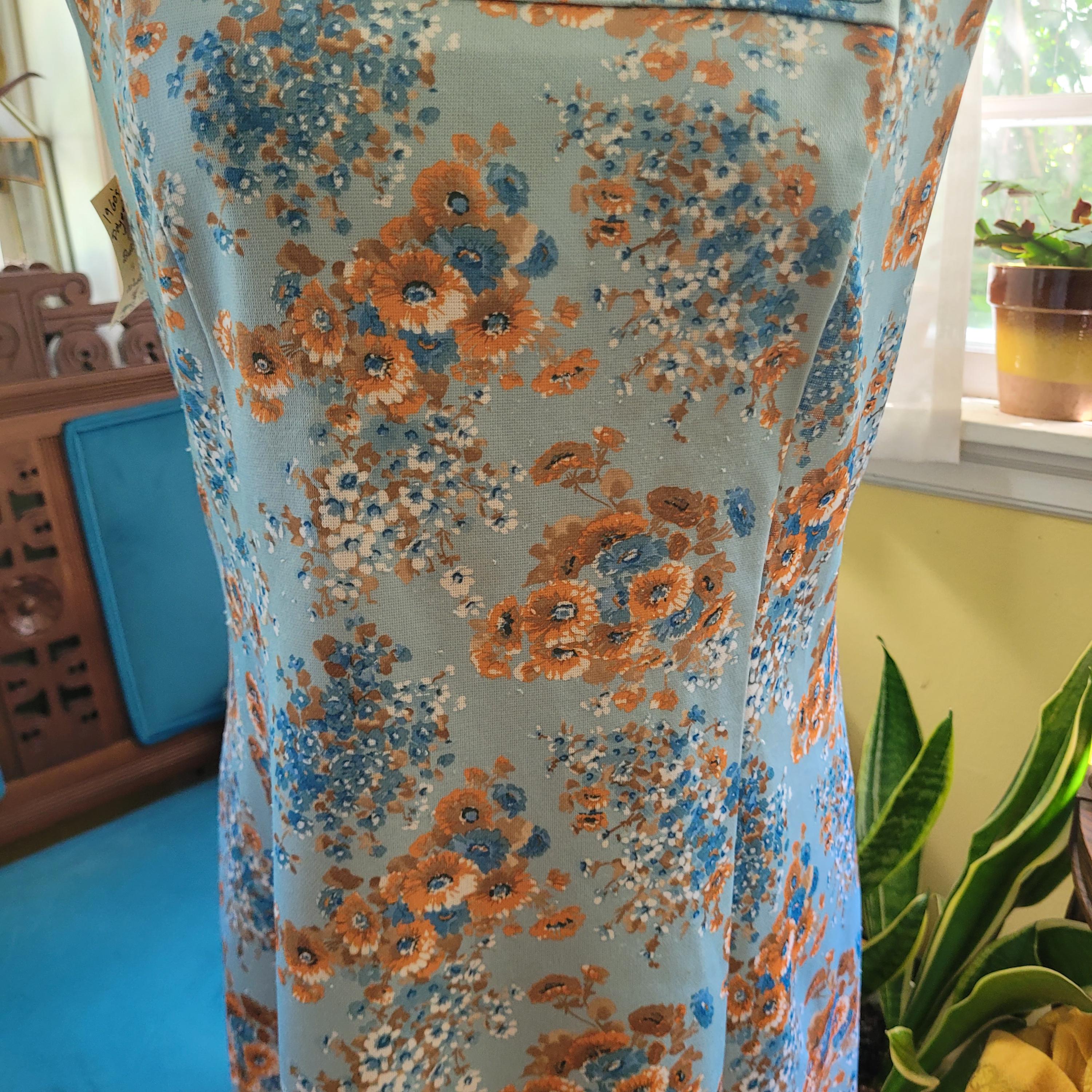 1960's Unknown Brand Light Blue House Dress With Orange Floral Pattern ...