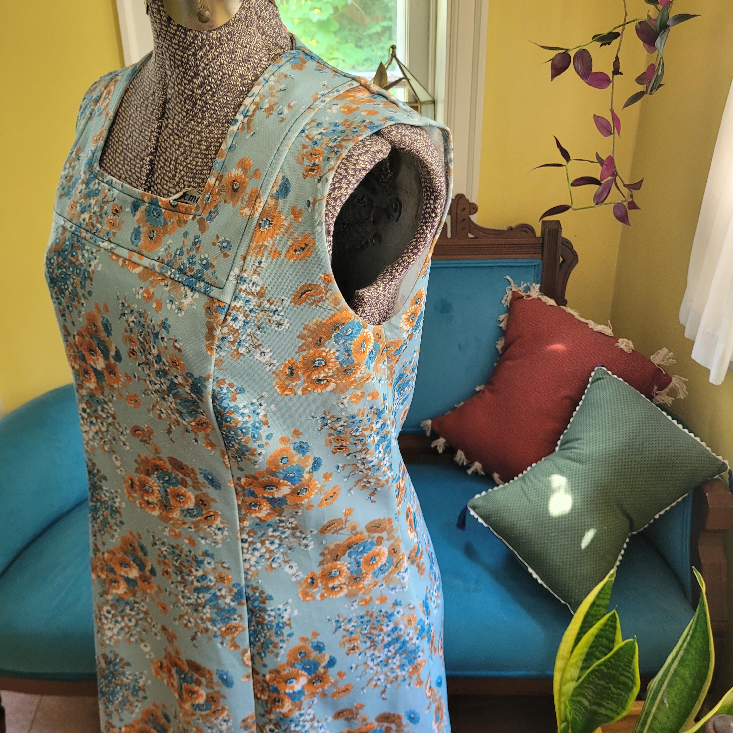 1960's Unknown Brand Light Blue House Dress With Orange Floral Pattern ...