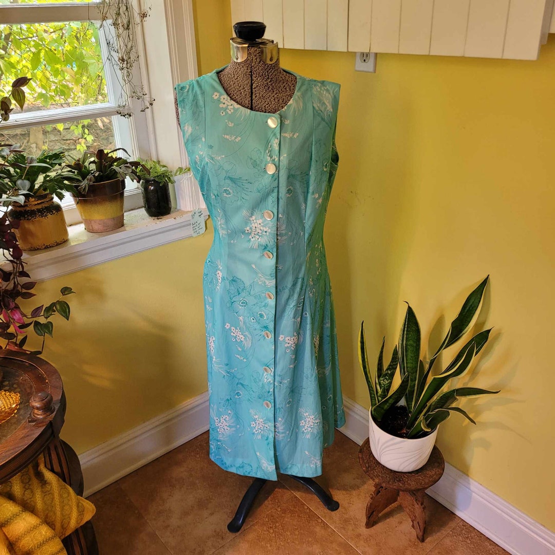 1970's Handmade Light Blue House Dress With White Floral. Bust 41 ...
