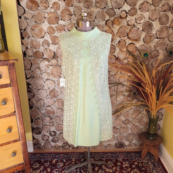 1960's Mint green silk mod dress with lace overlay. B… - Gem