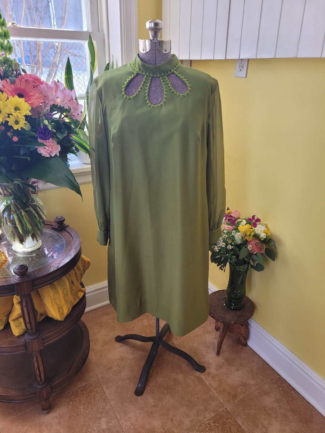 1960's Hand Made Chartreuse Mod Dress With Beaded Accents, Key Hole ...