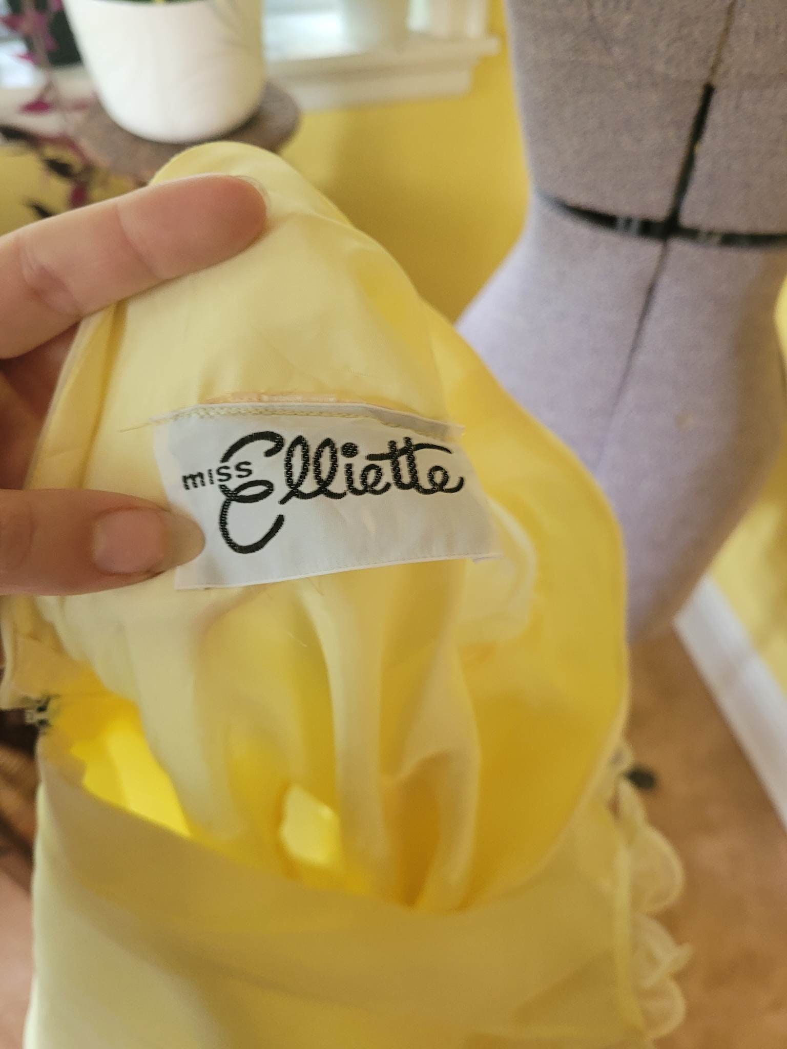 1970's Miss Elliette Light Yellow Dress With Sheer Ruffles on Neckline ...