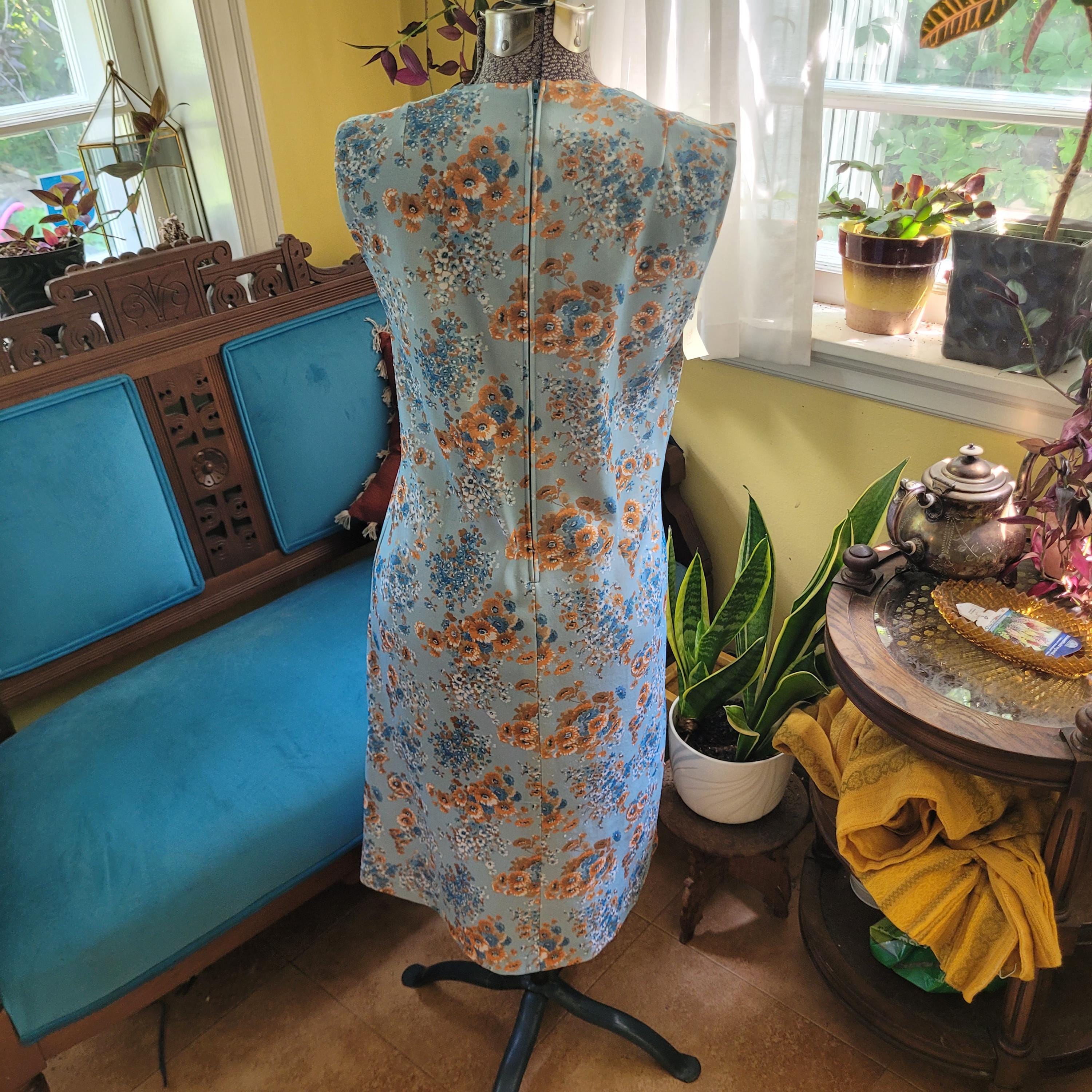 1960's Unknown Brand Light Blue House Dress With Orange Floral Pattern ...