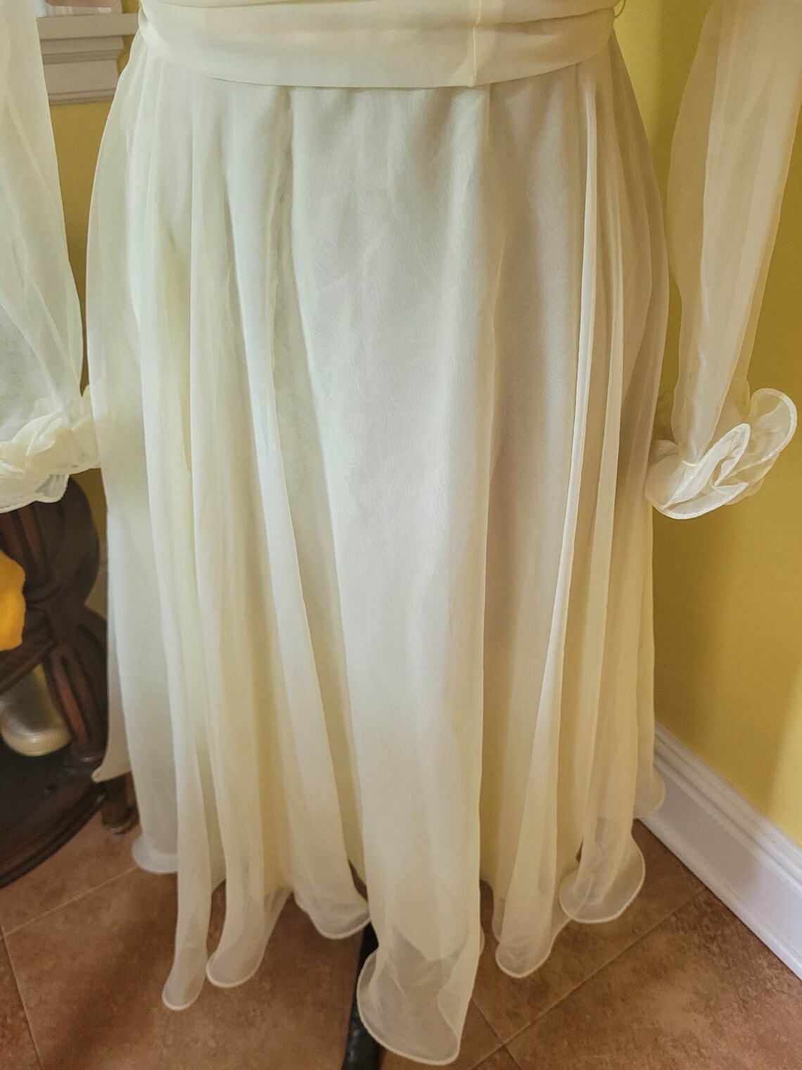 1970's Miss Elliette Light Yellow Dress With Sheer Ruffles on Neckline ...