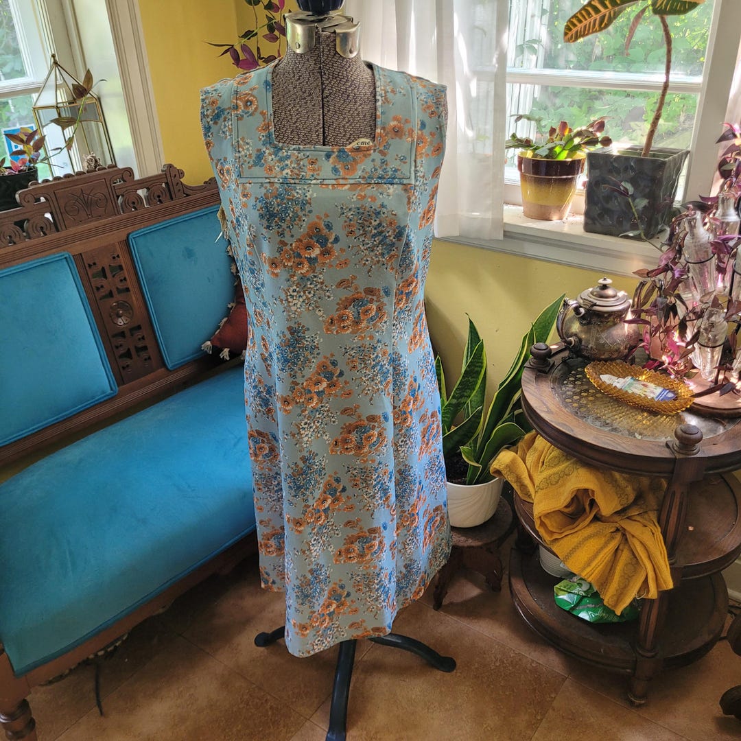 1960's Unknown Brand Light Blue House Dress With Orange Floral Pattern ...