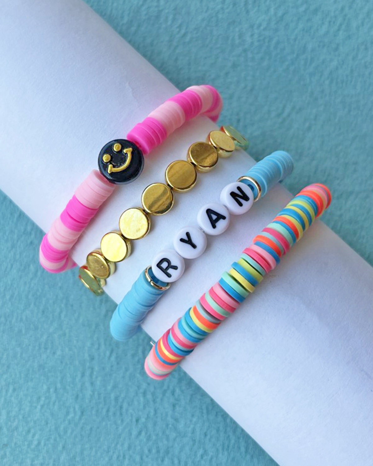 Clay Bead Custom Smiley Face Bracelet Heishi Bead Bracelet Elastic ...