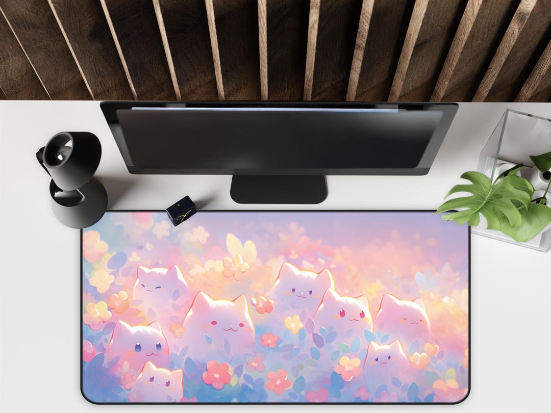 Anime Pastel Desk Mat, Cute Kawaii Anime Cats With Flowers, Pastel ...
