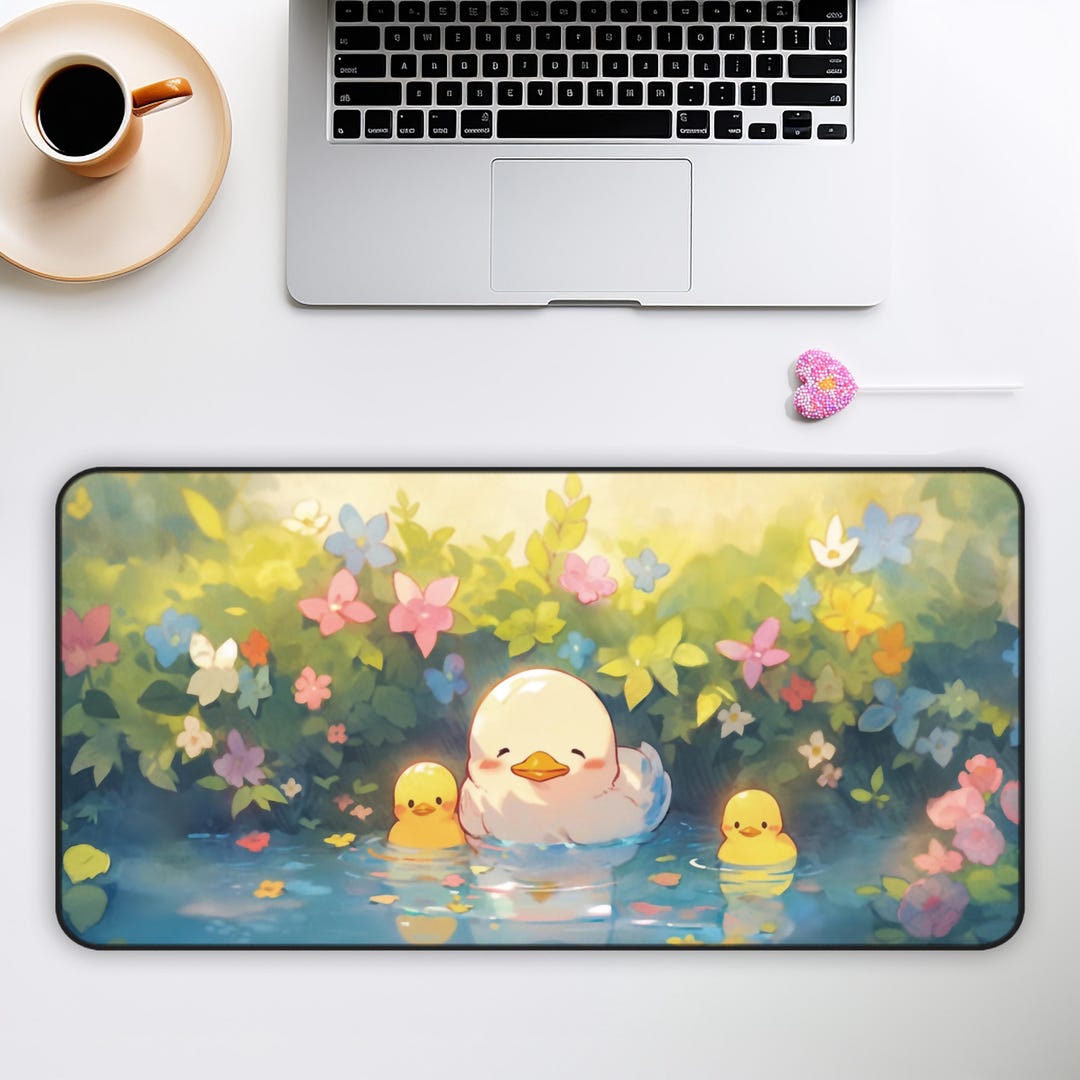 Cute Duck Desk Mat, Kawaii Ducks With Flowers Design, Kawaii Office ...
