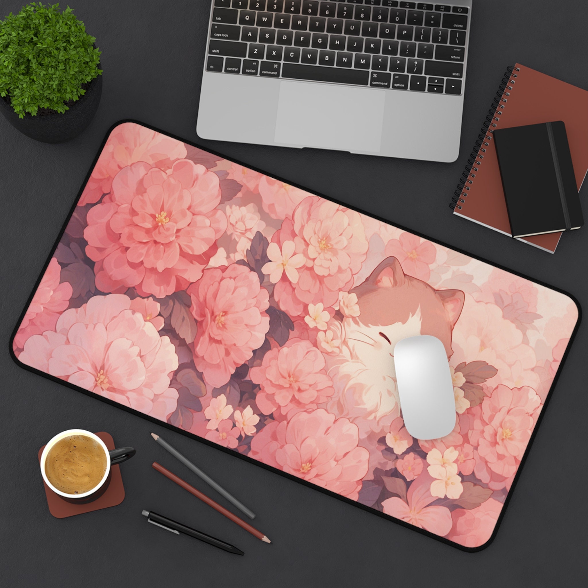 Cute Gaming Mousepad, Kawaii Large Desk Mat, Cat With Camellia Mouse ...