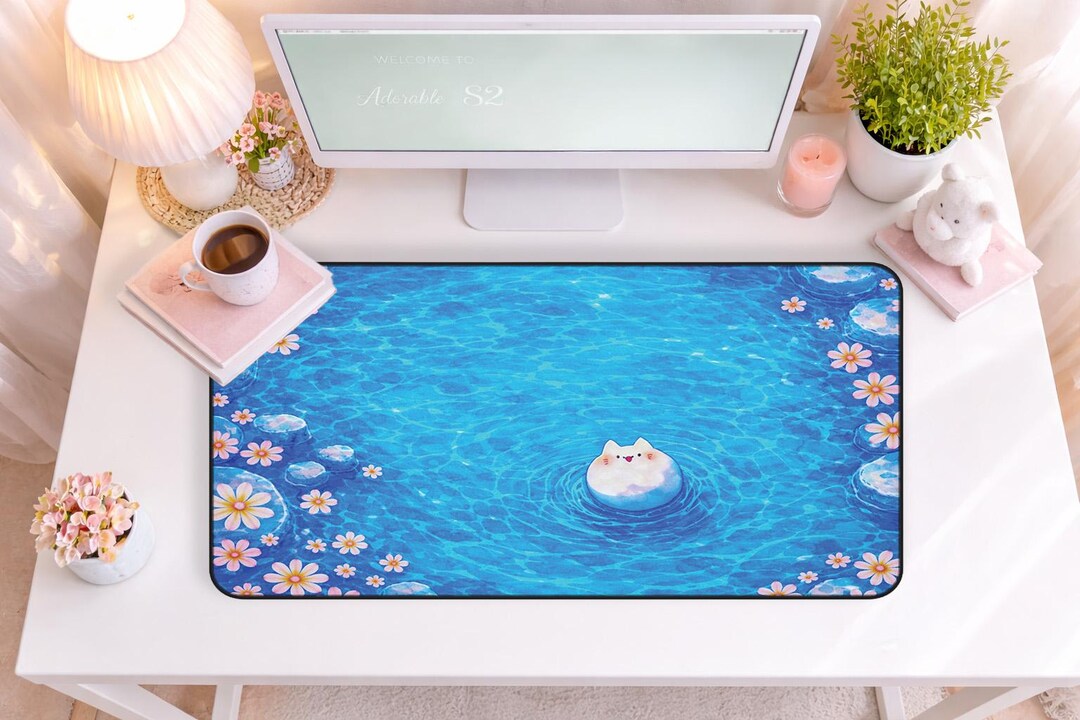 Kawaii Floating Cat Desk Mat, Cute Cat in Blue Water Mouse Pad, Pastel ...