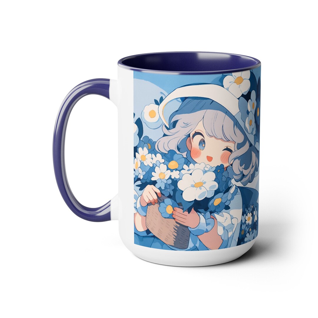 Cute Kawaii 15 Oz Blue Mugs, Anime Girl Mugs, Mug Gift Aesthetic for ...