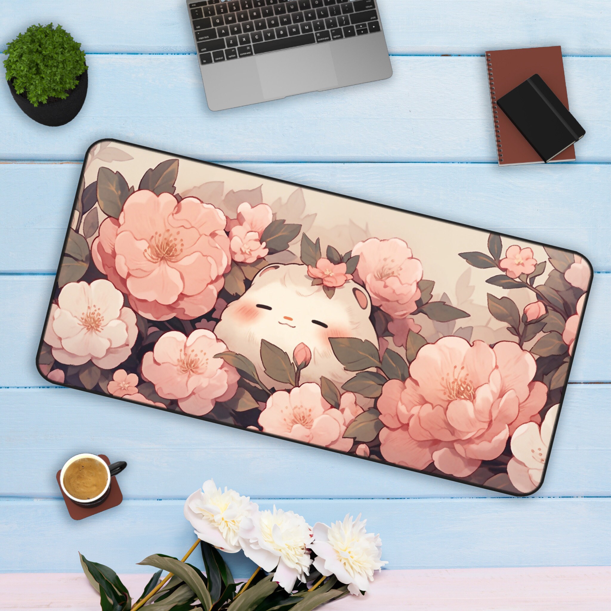 Desk Mat Aesthetic, Cute Animals Mouse Pad, Cute Kawaii Pink Peony ...